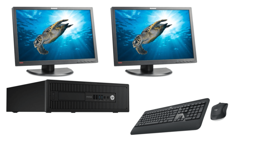 Komplet Kontor PC sæt m. 2 skærme - Guld stand | Genbrugt IT med omtanke!